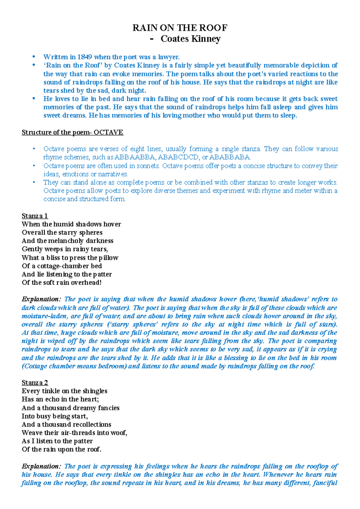 RAIN ON THE ROOF: An Analysis of Coates Kinney's Poem - Studocu