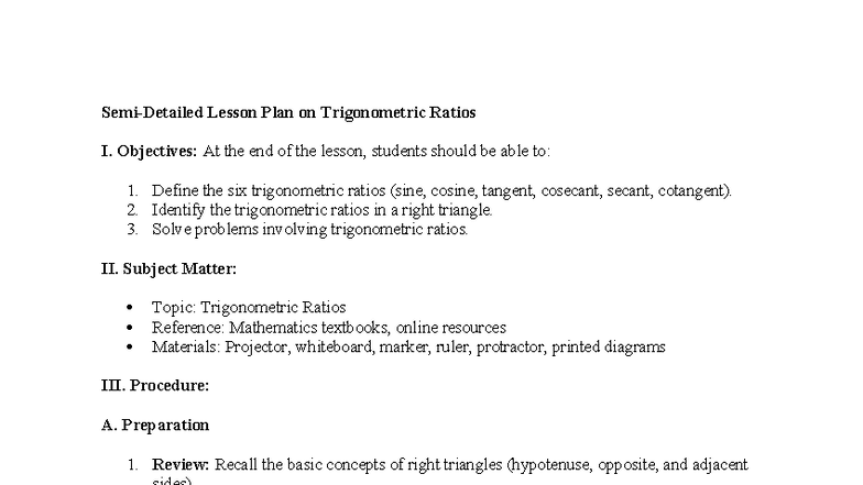 Semi-Detailed Lesson Plan on Trigonometric Ratios (Math 101) - Studocu