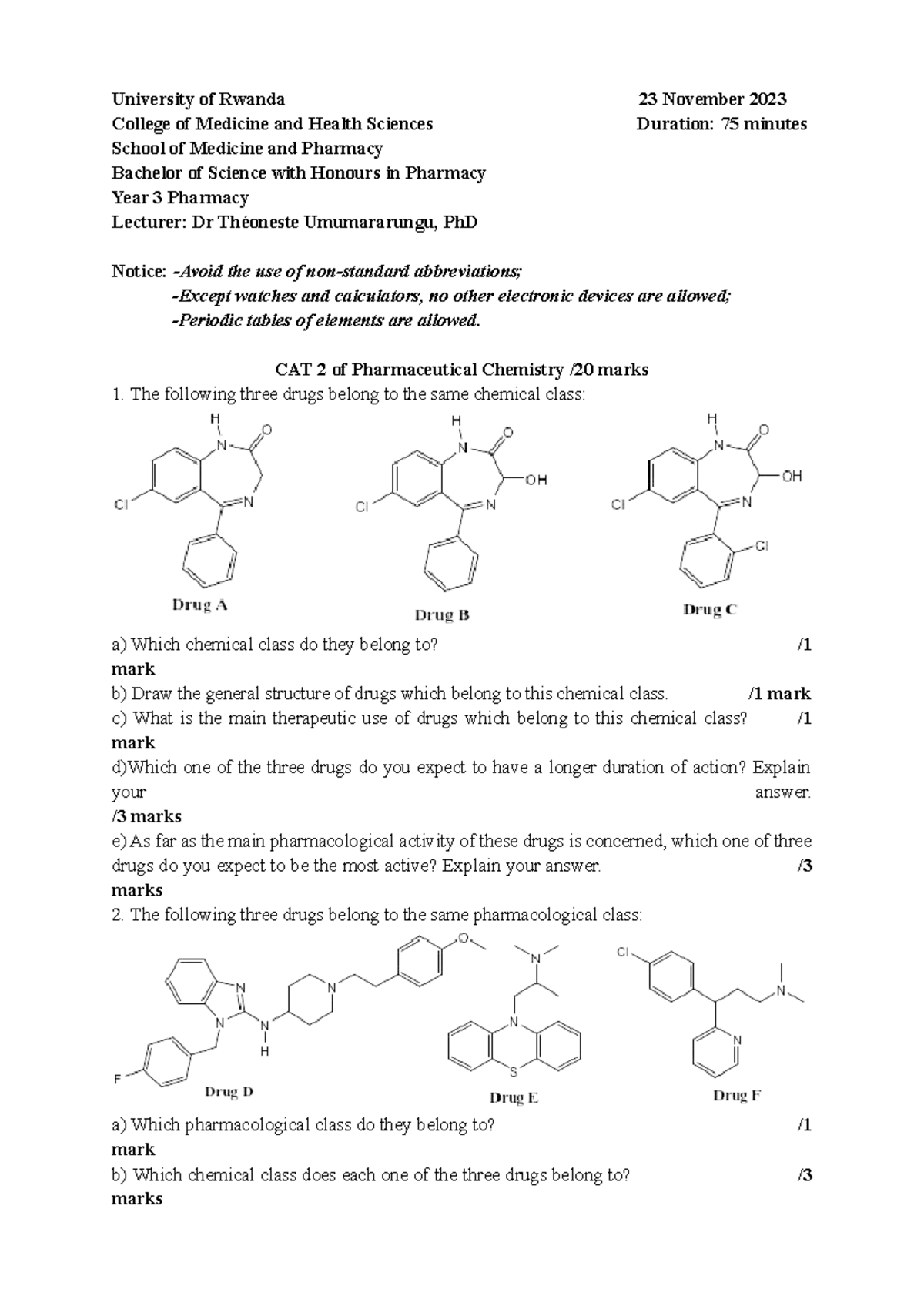 CAT 2 Pharmaceutical Chemistry Exam - Year 3 Pharmacy 2023 - Studocu