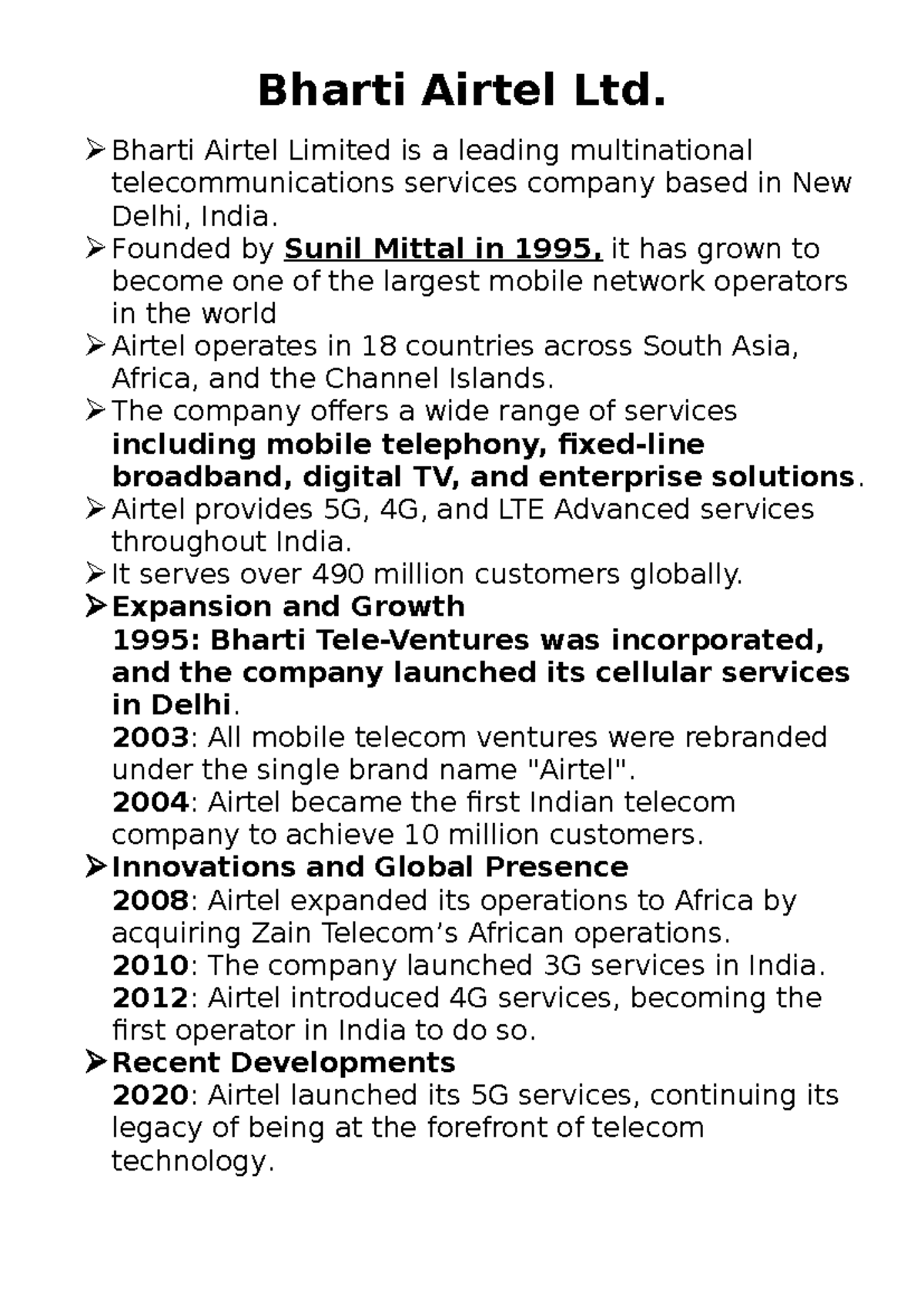 Bharti Airtel Ltd - SWOT Analysis of a Telecom Giant - Studocu