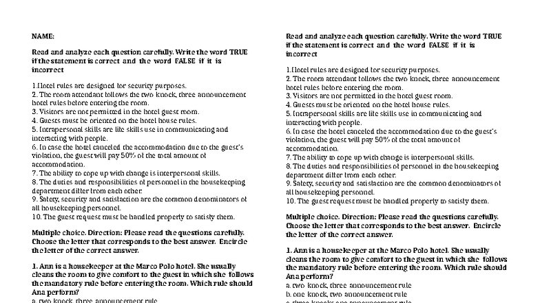 Housekeeping QUIZ 1: True/False & Multiple Choice Questions - Studocu