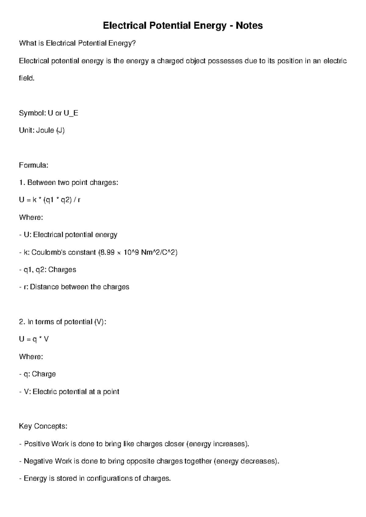 Electrical Potential Energy Notes: Key Concepts and Formulas - Studocu