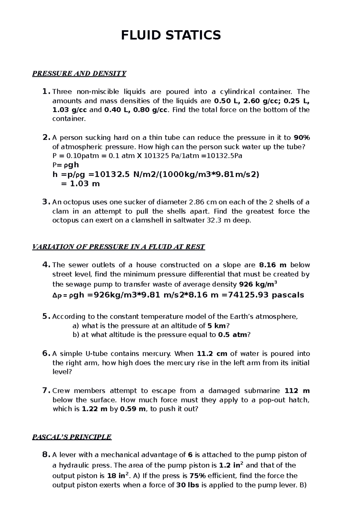 Final Exam Fluid Mechanics Problems (Course Code: FLUID-101) - Studocu