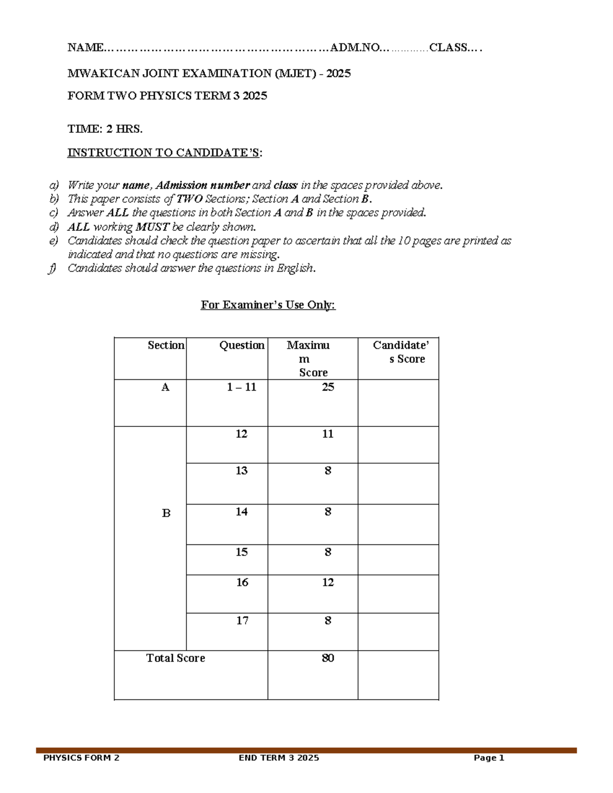 MJET 2025 Physics Form Two Joint Examination Term 3 - Studocu