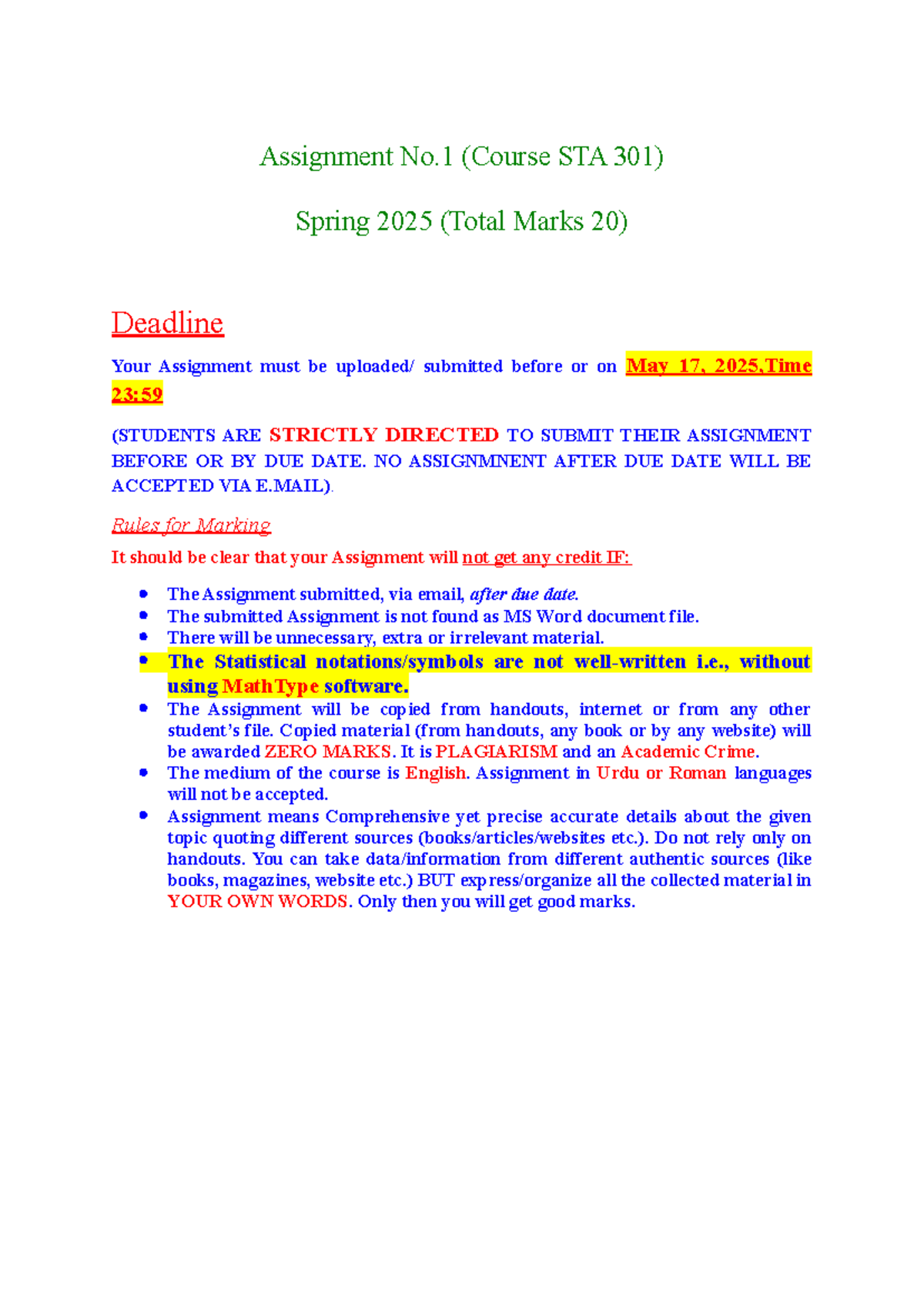 Assignment No.1 Guidelines for STA 301 - Spring 2025 (20 Marks) - Studocu