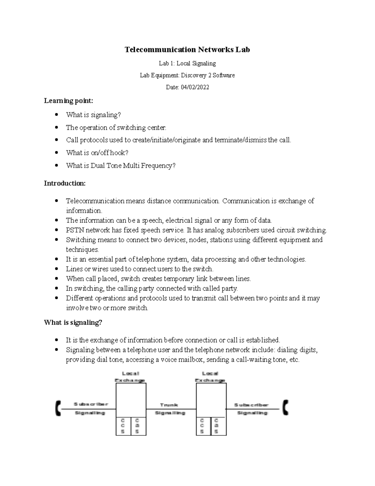 Telecom Lab 1: Local Signaling Manual and Practical Guide - Studocu