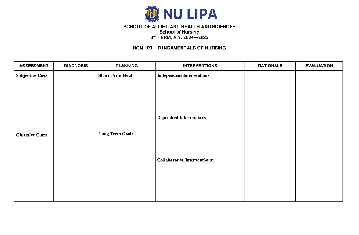 NCP- Format - none - Bachelor of Secondary Education - SCHOOL OF ALLIED ...