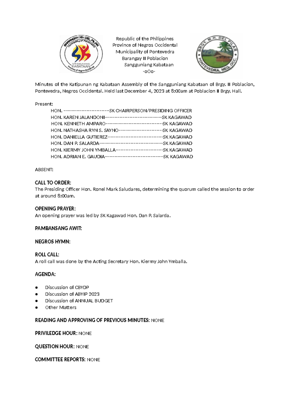 KK- Assembly Minutes - Katipunan ng Kabataan Meeting, Dec 4, 2023 - Studocu