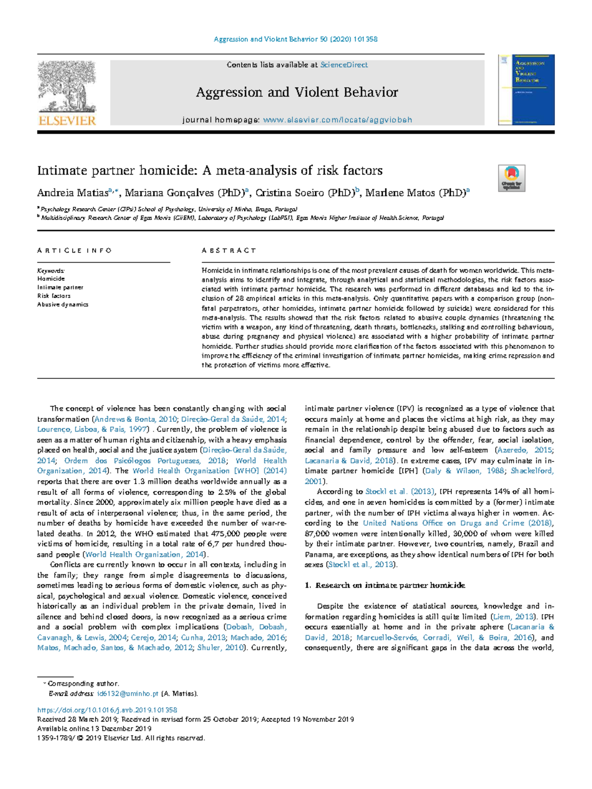 Intimate Partner Homicide: A Meta-Analysis of Risk Factors (2020) - Studocu