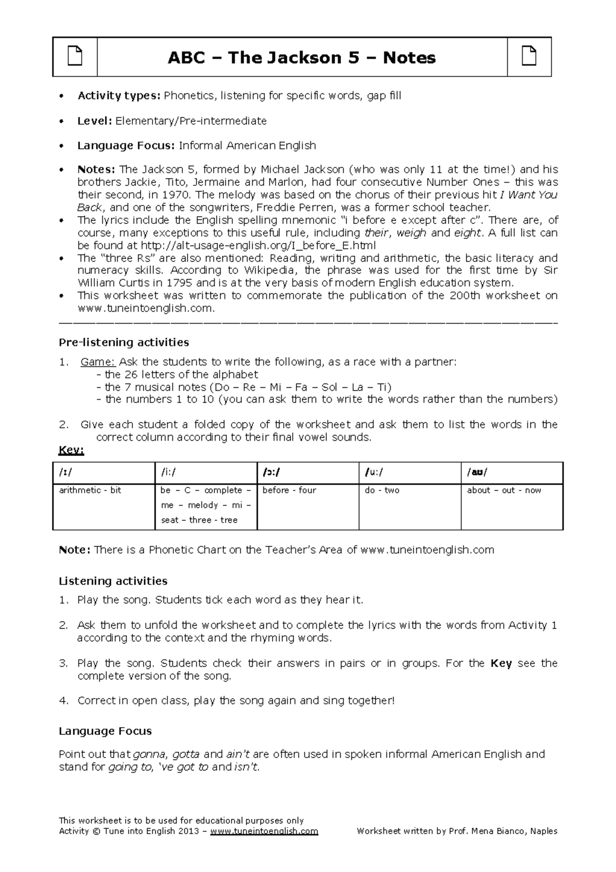 ABC The Jackson 5 Phonetics & Listening Activity Notes - Studocu