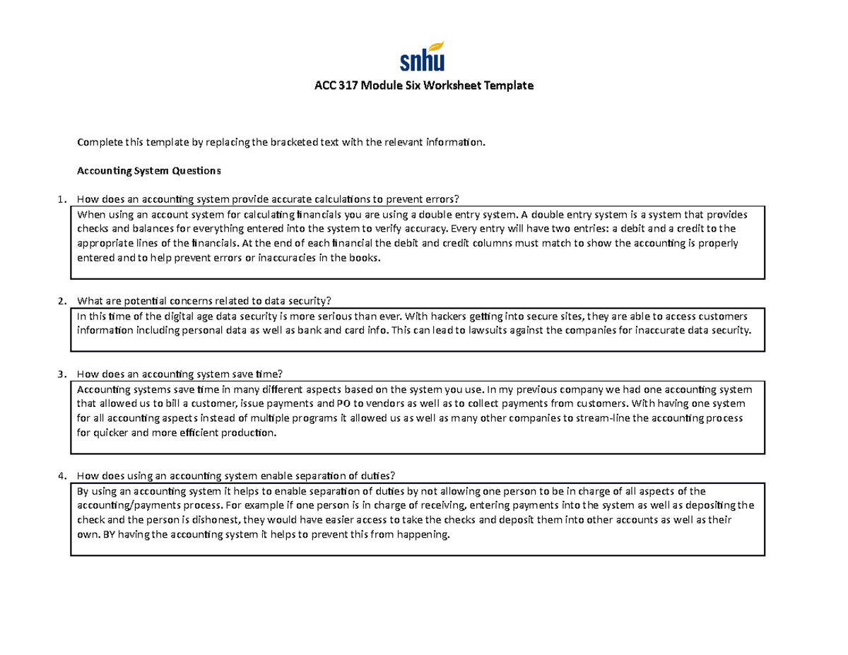 ACC 317 Module 6 Worksheet: Accounting Systems & Anomalies Explained ...
