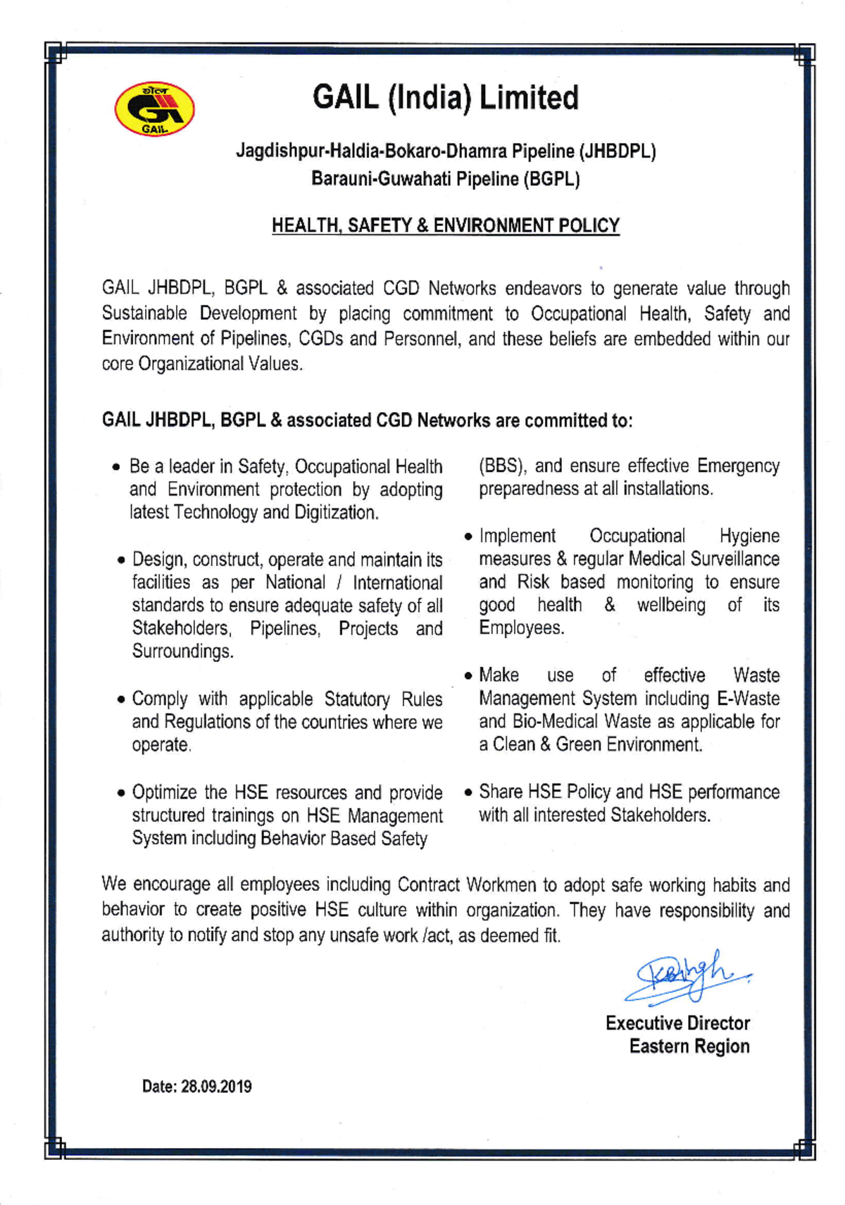 HSE Policy for GAIL (India) Limited: JHBDPL & BGPL Networks - Studocu