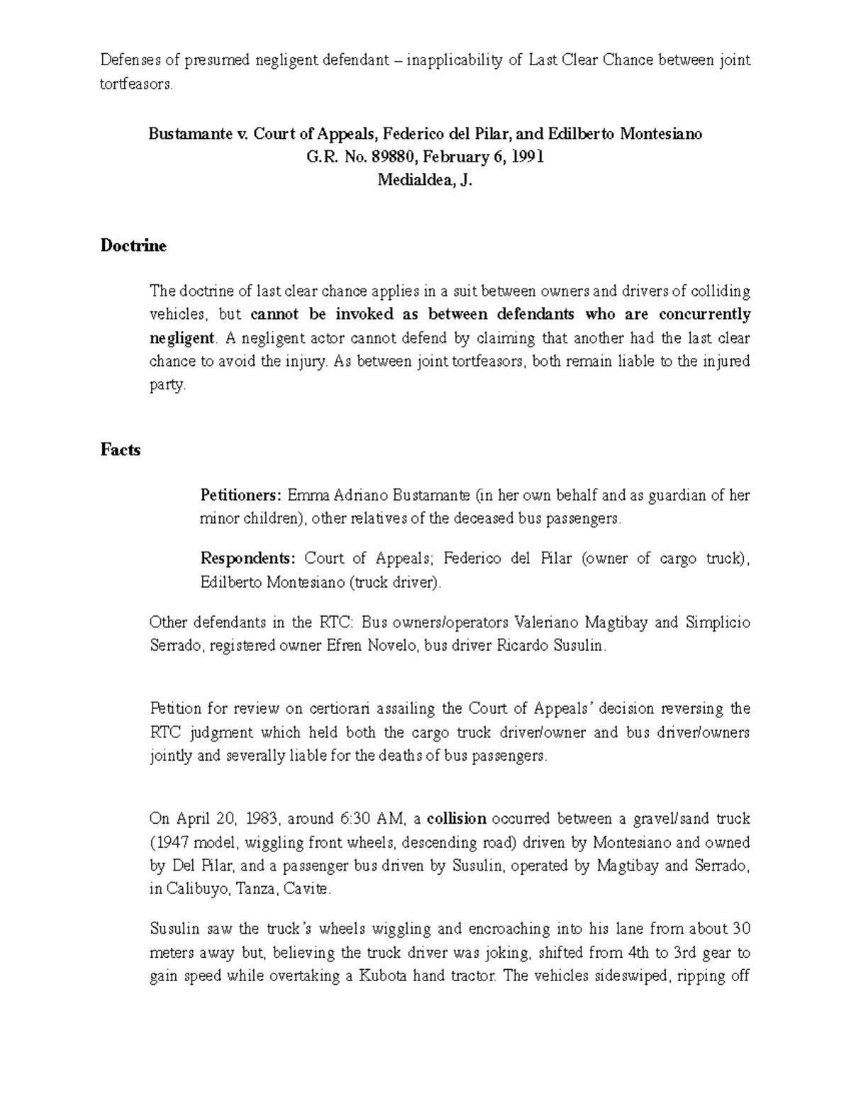 G.R. No. 89880: Last Clear Chance Doctrine & Joint Tortfeasors Analysis ...