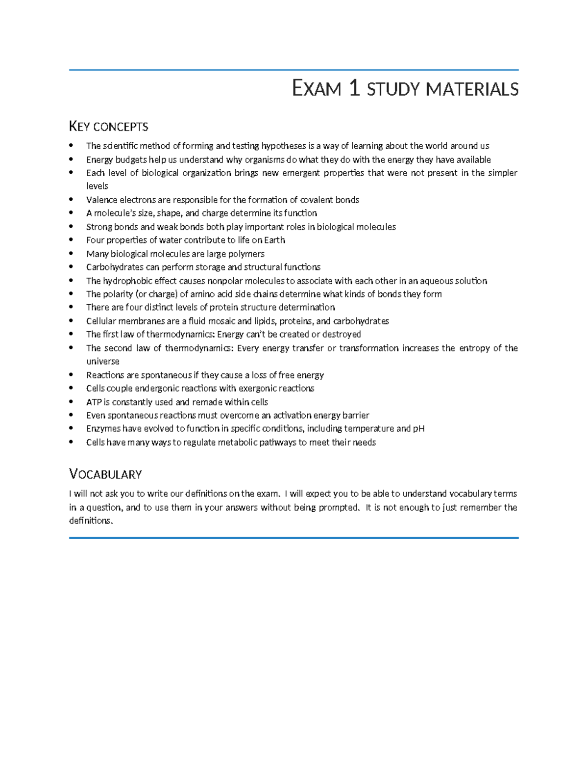 BIO 101: Exam 1 Study Guide - Key Concepts & Vocabulary - Studocu