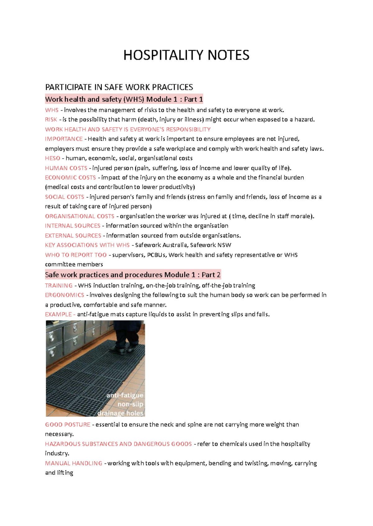 HOSPITALITY H&S NOTES: SAFE WORK PRACTICES & RISK MGMT - Studocu