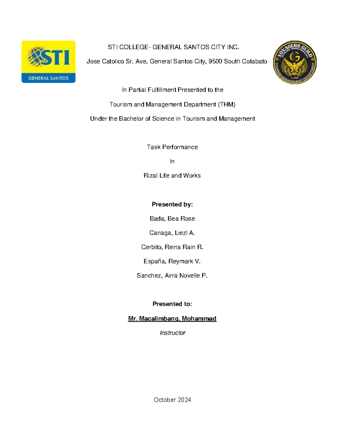 Task Performance in Rizal Life & Works - STI COLLEGE- GENERAL SANTOS ...