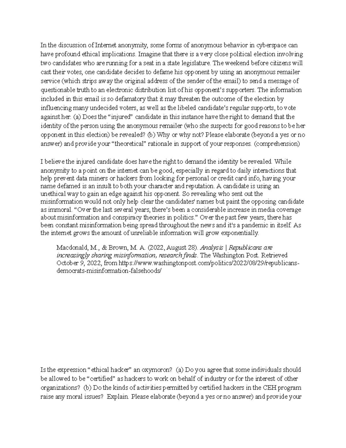 Joda AD Q6 - Assignments for GLB/Ethics - In the discussion of Internet ...