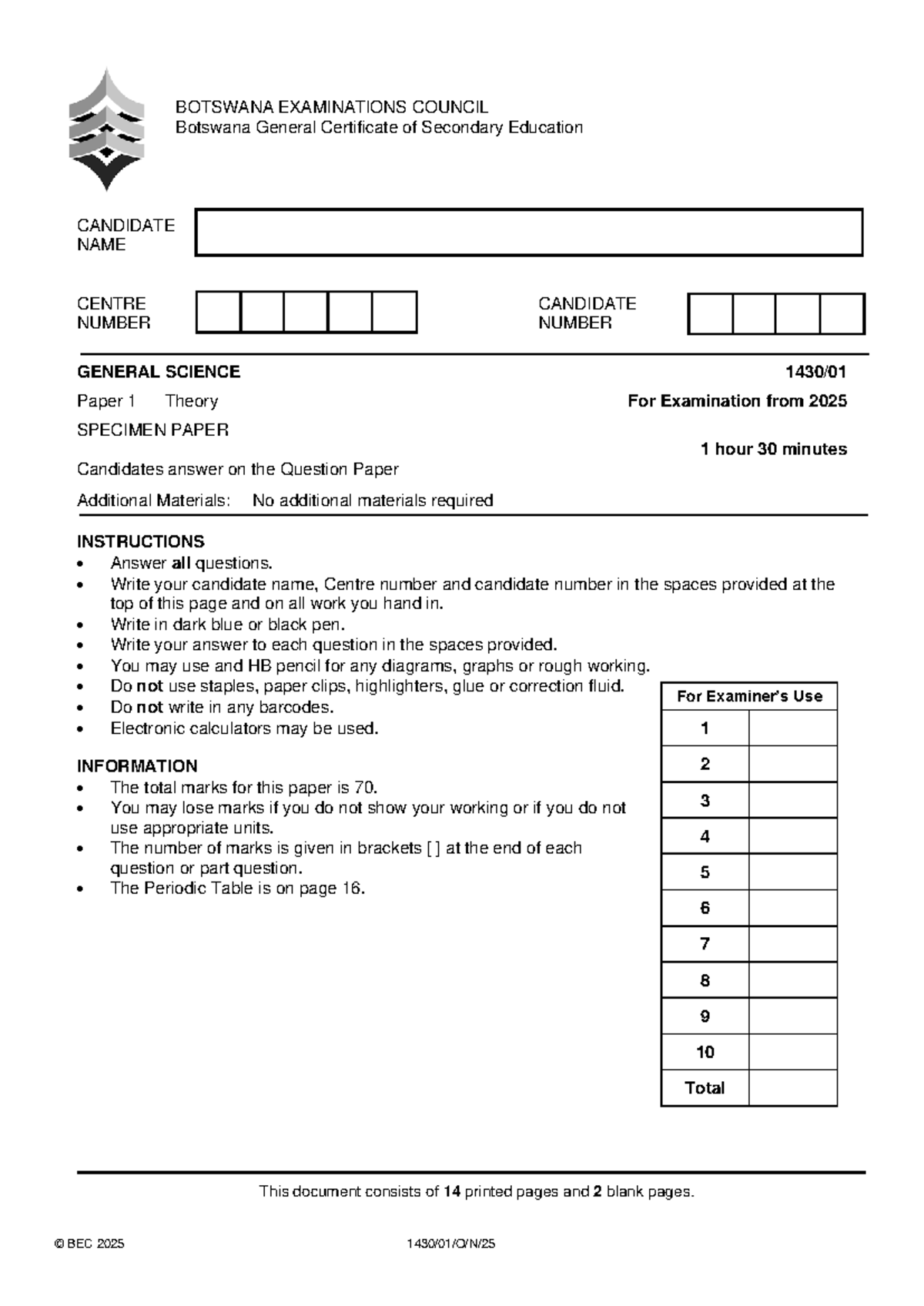 General Science Specimen Paper 1 - BEC 2025 Final Exam - Studocu