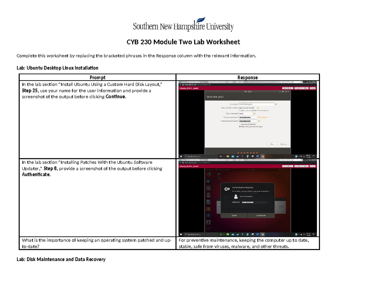 CYB 230 Project One Lab Worksheet - CYB 230 Module Two Lab Worksheet Complete this worksheet by ...