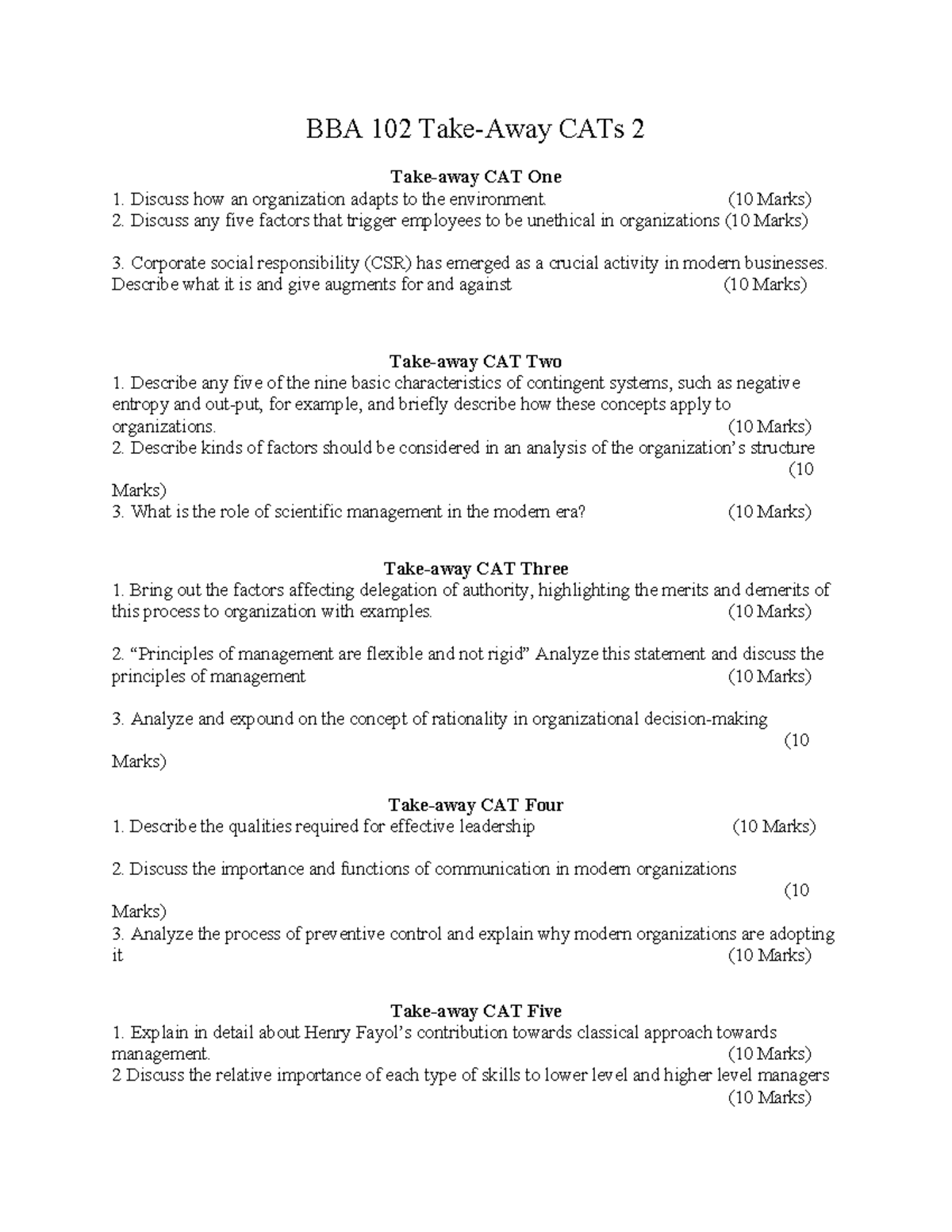 BBA 102 Take-Away CATs: Organizational Adaptation & Management Skills ...