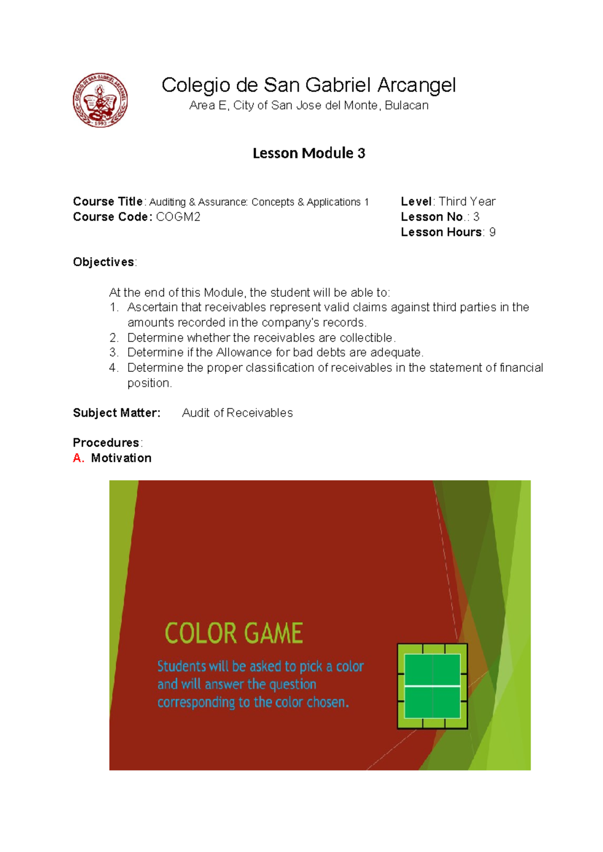 Auditing & Assurance 1: Lesson Module 3 - Audit of Receivables COGM2 ...