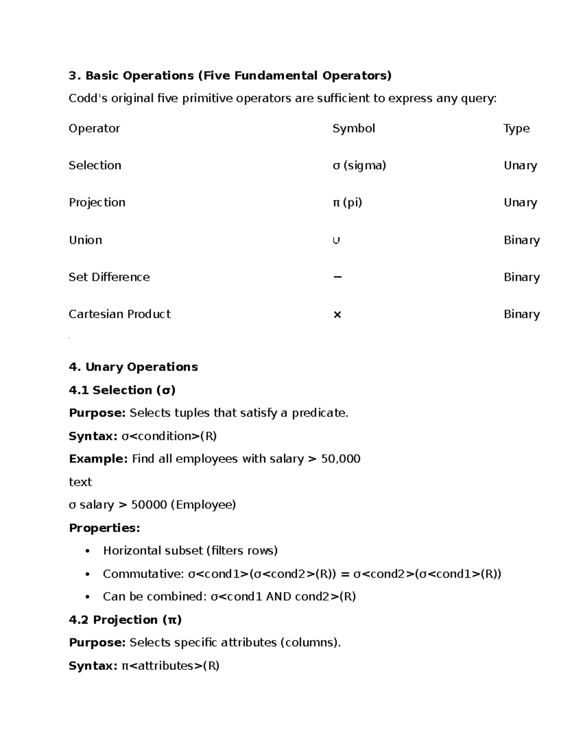 Midterm Notes: Basic Operations in Relational Algebra (CS101) - Studocu
