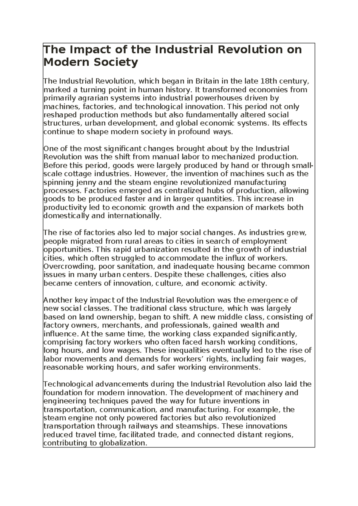 The Impact of the Industrial Revolution on Modern Society: Doc 1 - Studocu