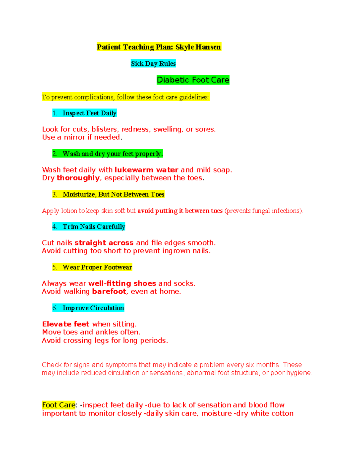 Patient Teaching Plan: Diabetic Foot Care & Sick Day Rules Guide - Studocu