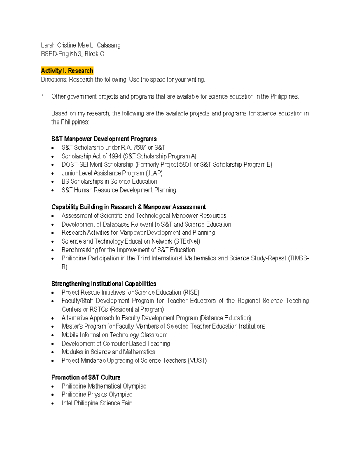 Govt Programs for Science Ed in the Philippines - BSED Eng 3, Block C ...