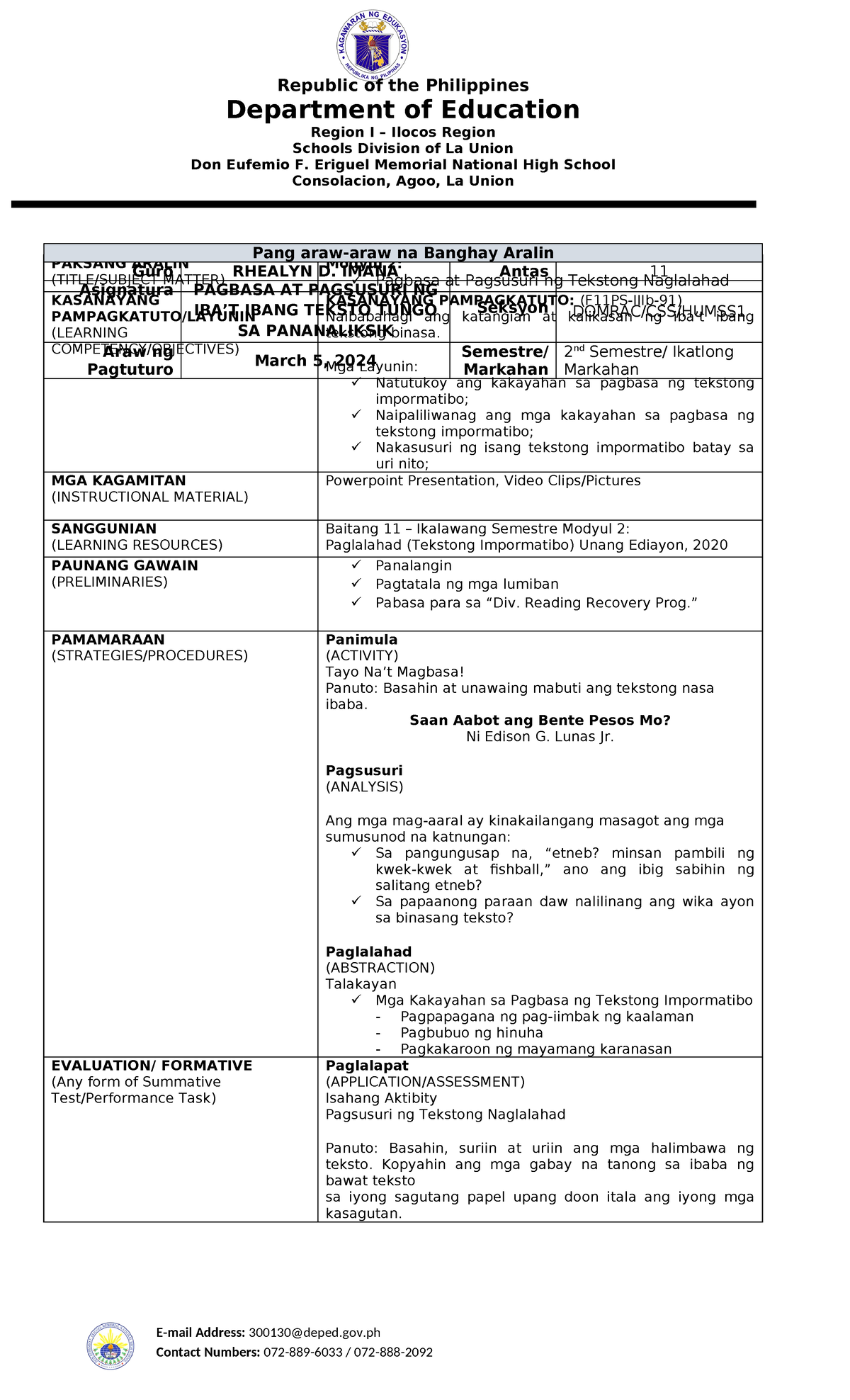 Modyul 3: Lesson Plan sa Pagbasa at Pagsusuri ng Tekstong Impormatibo ...