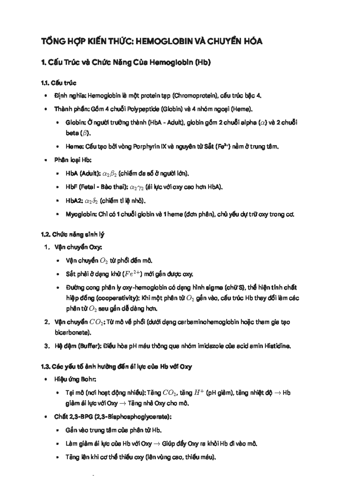 Tổng Hợp Kiến Thức: Hemoglobin và Chuyển Hóa (Học Kỳ) - Studocu