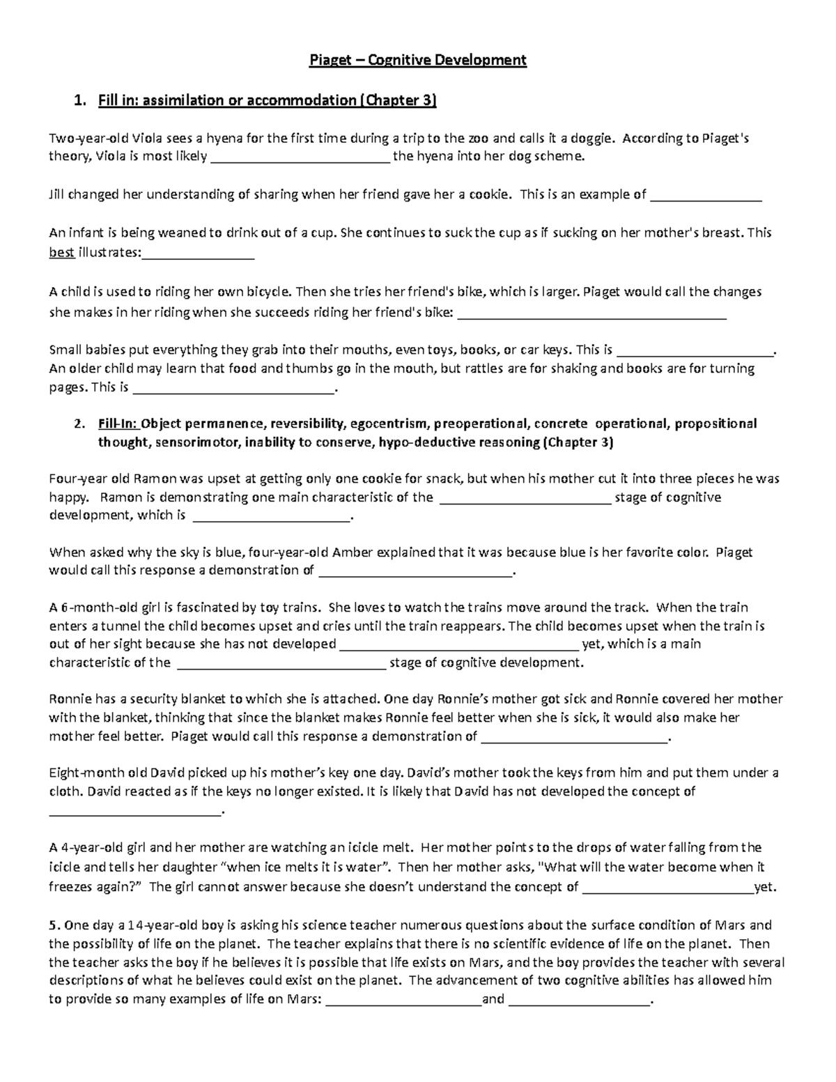 Piaget worksheet(1) - work sheet - Piaget – Cognitive Development 1 ...