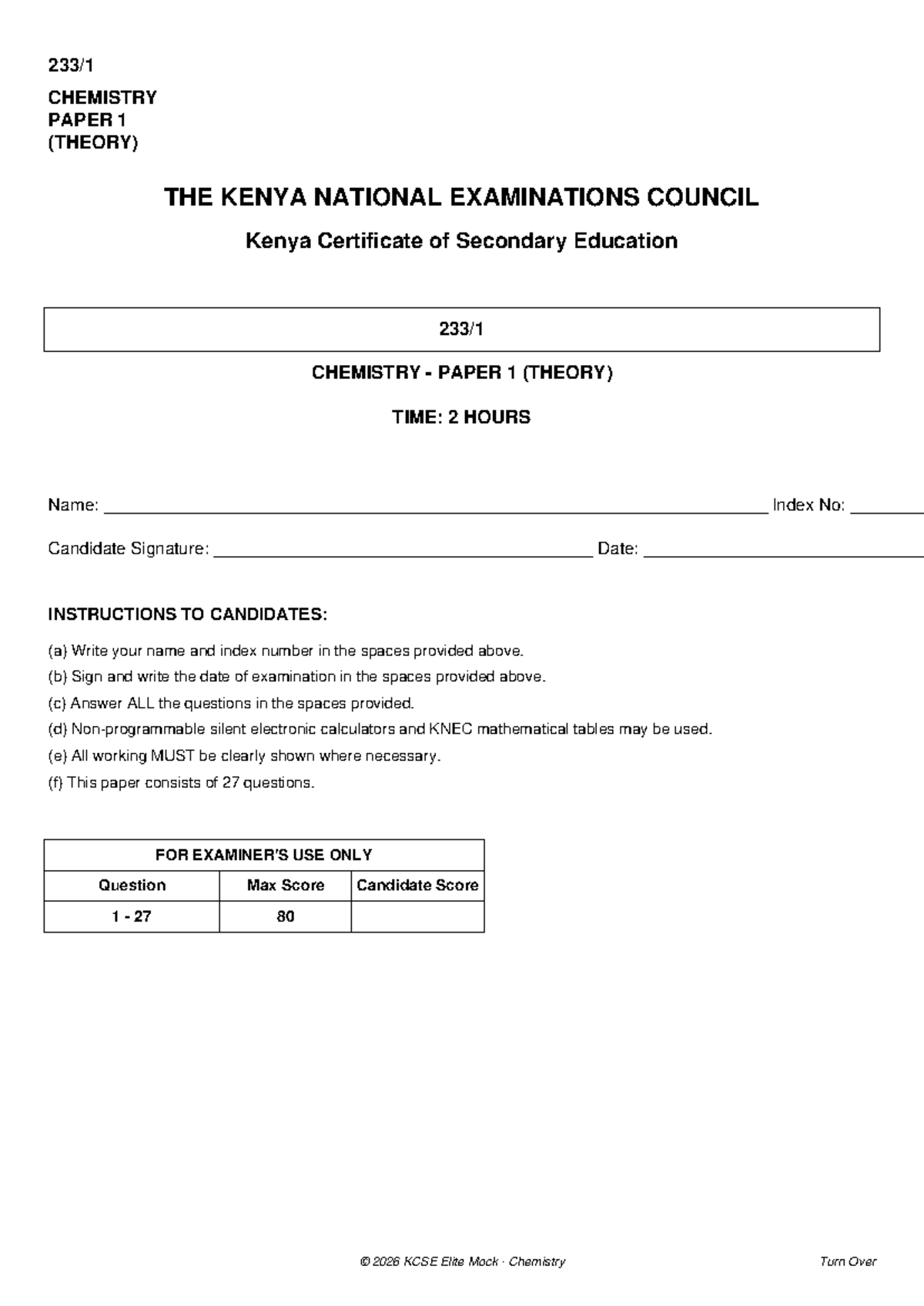 KCSE Chemistry Paper 1 Elite Mock Exam 2026 - Studocu