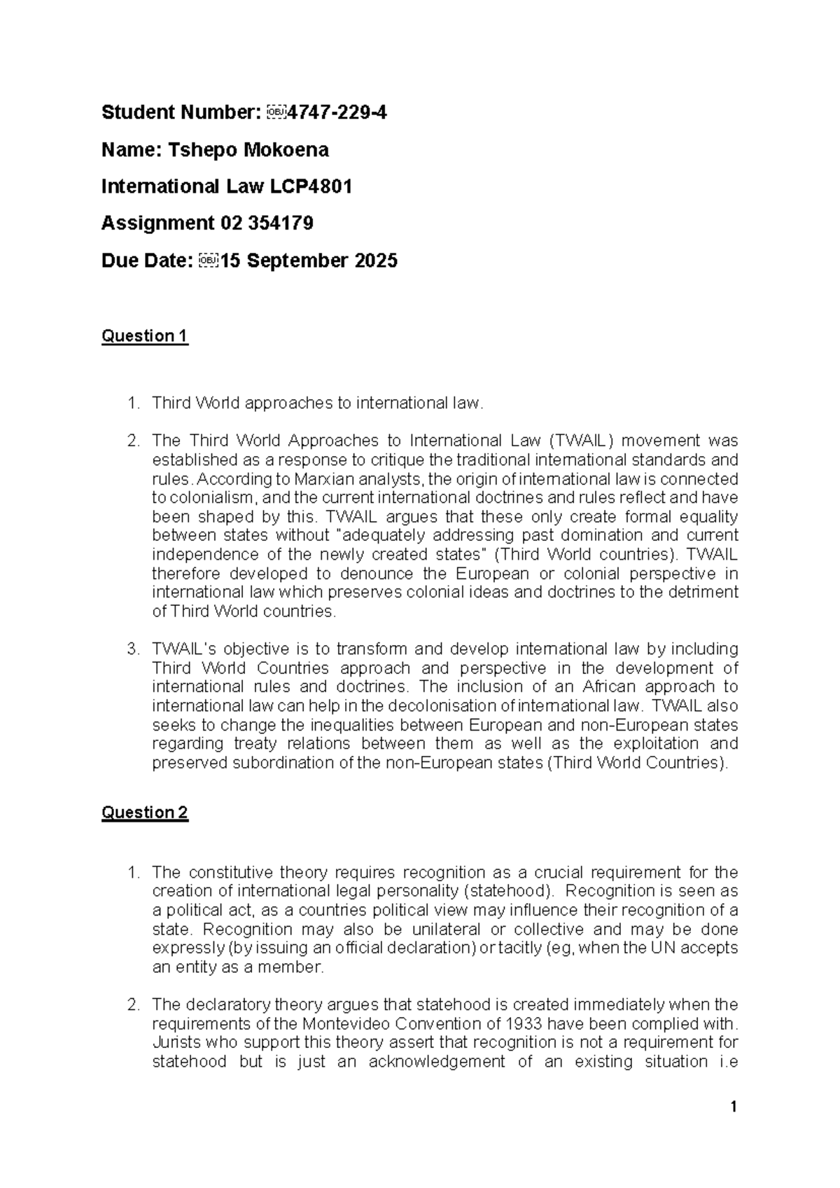 LCP4801 International Law Assignment 02: TWAIL & Statehood Theories ...