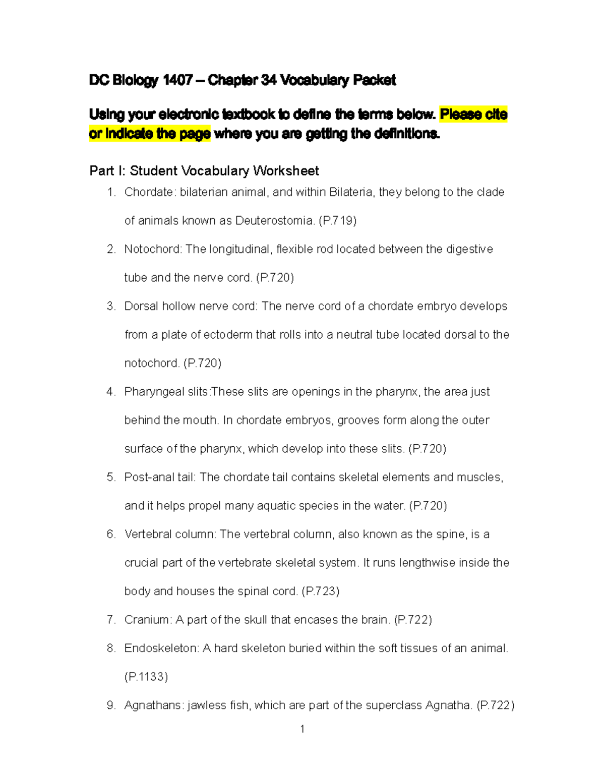 DC Biology 1407 Chapter 34 Vocabulary Definitions and Citations - Studocu