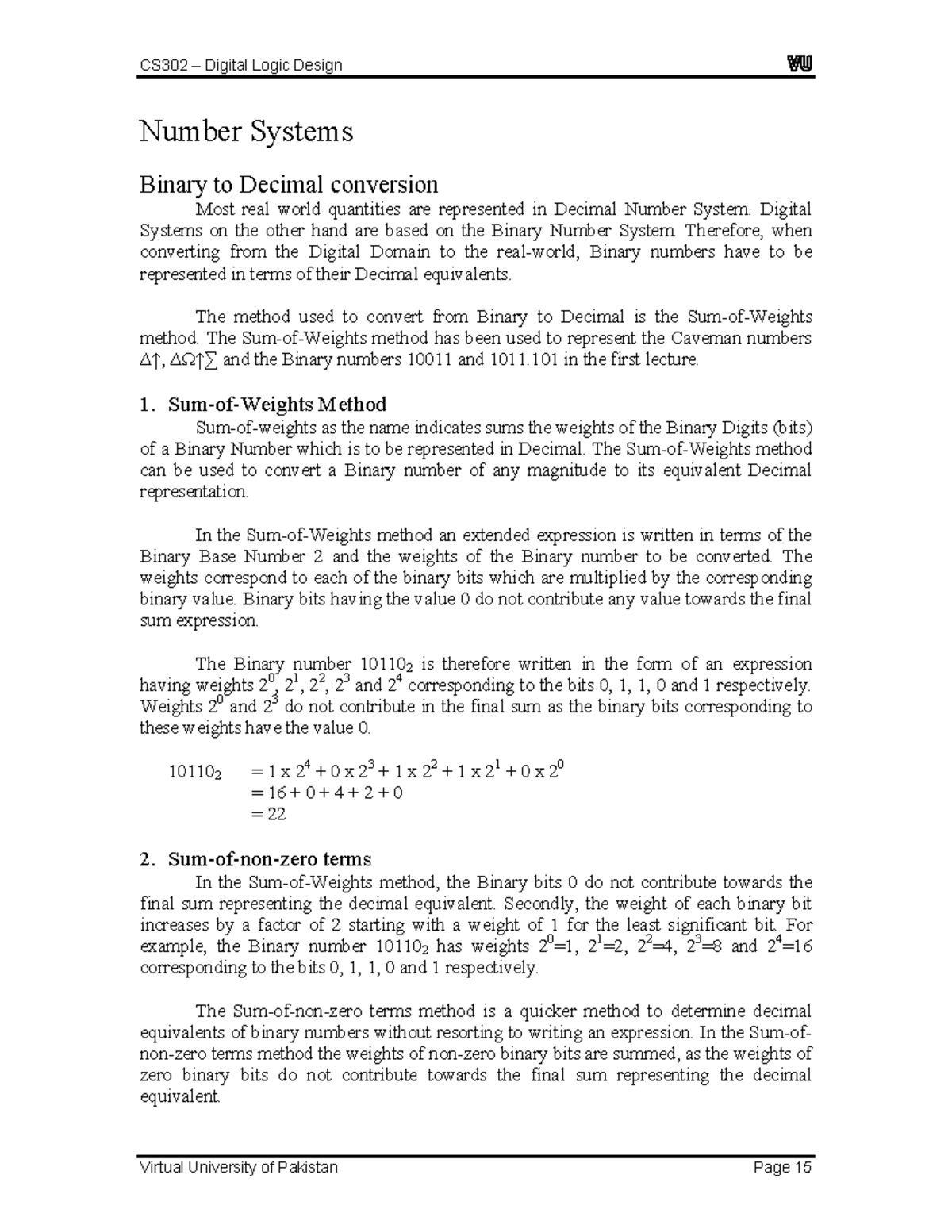 CS302 Digital Logic Design: Binary to Decimal Conversion Methods - Studocu