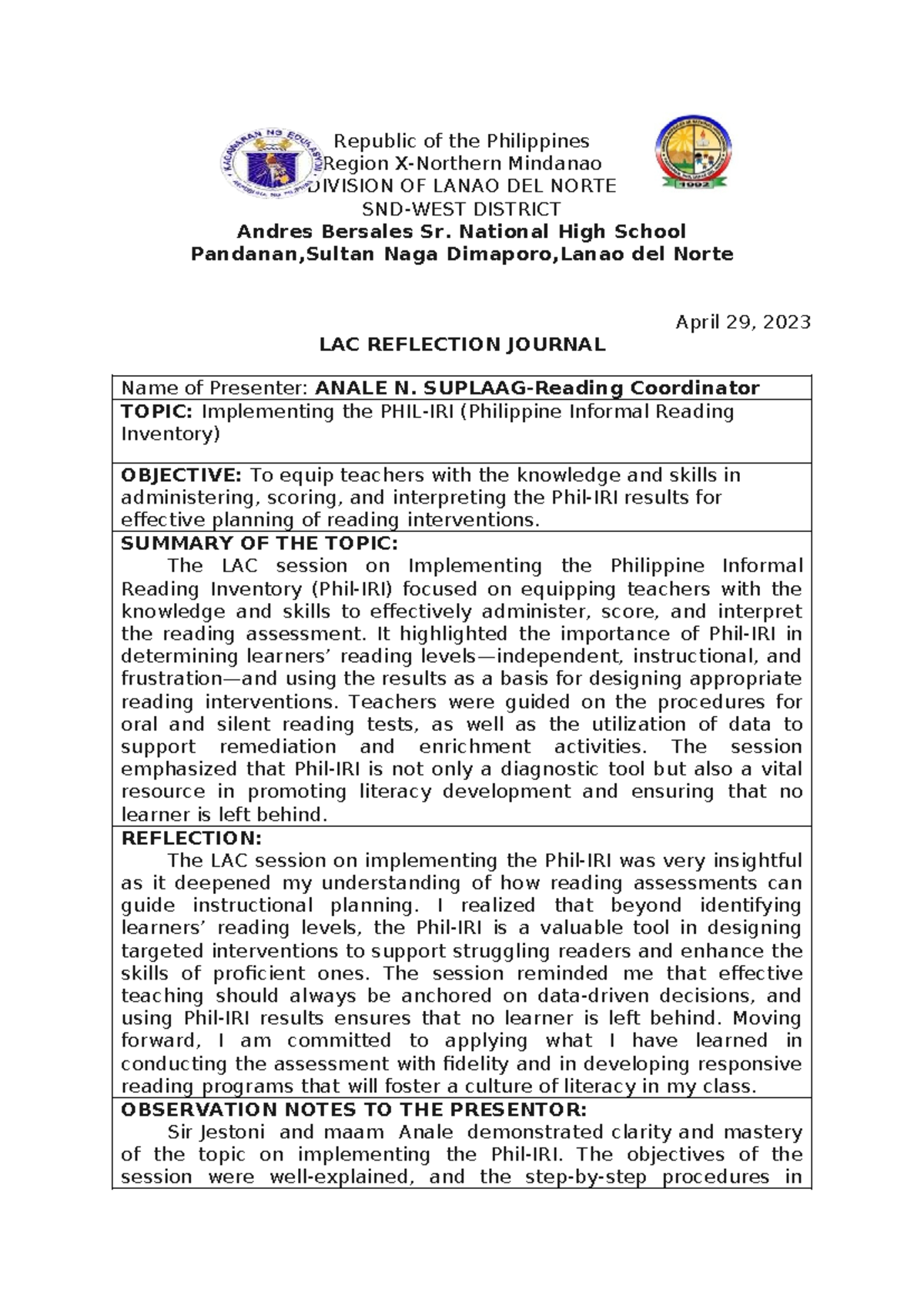 LAC Session Reflection Journal: Implementing the Philippine Informal Reading - Studocu