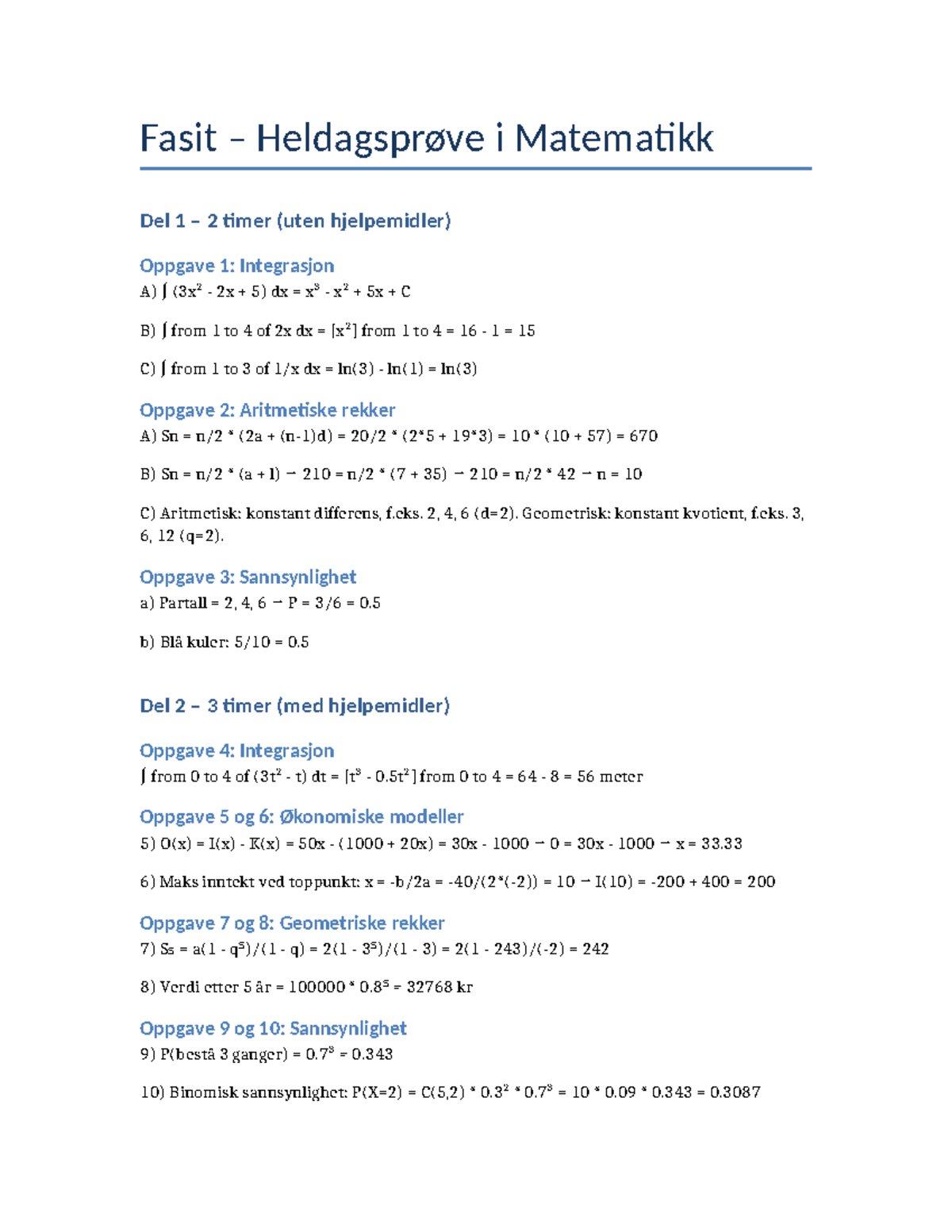 Fasit Heldagsprøve i Matematikk Del 1 & 2 - Løsninger og Forklaringer ...