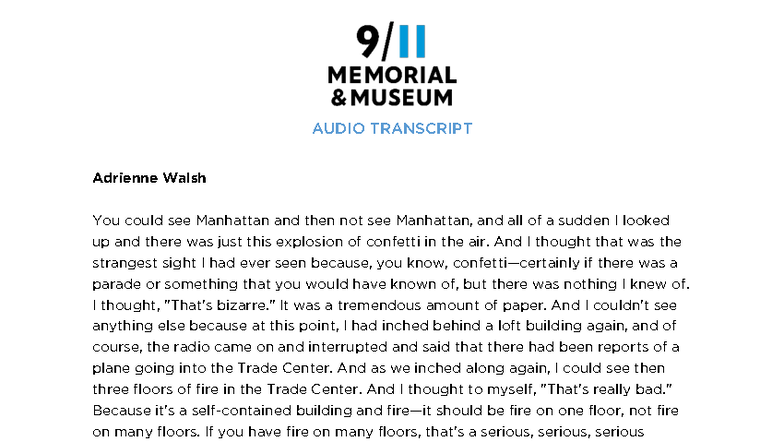 AUDIO TRANSCRIPT: Adrienne Walsh on 9/11 Experience - Studocu