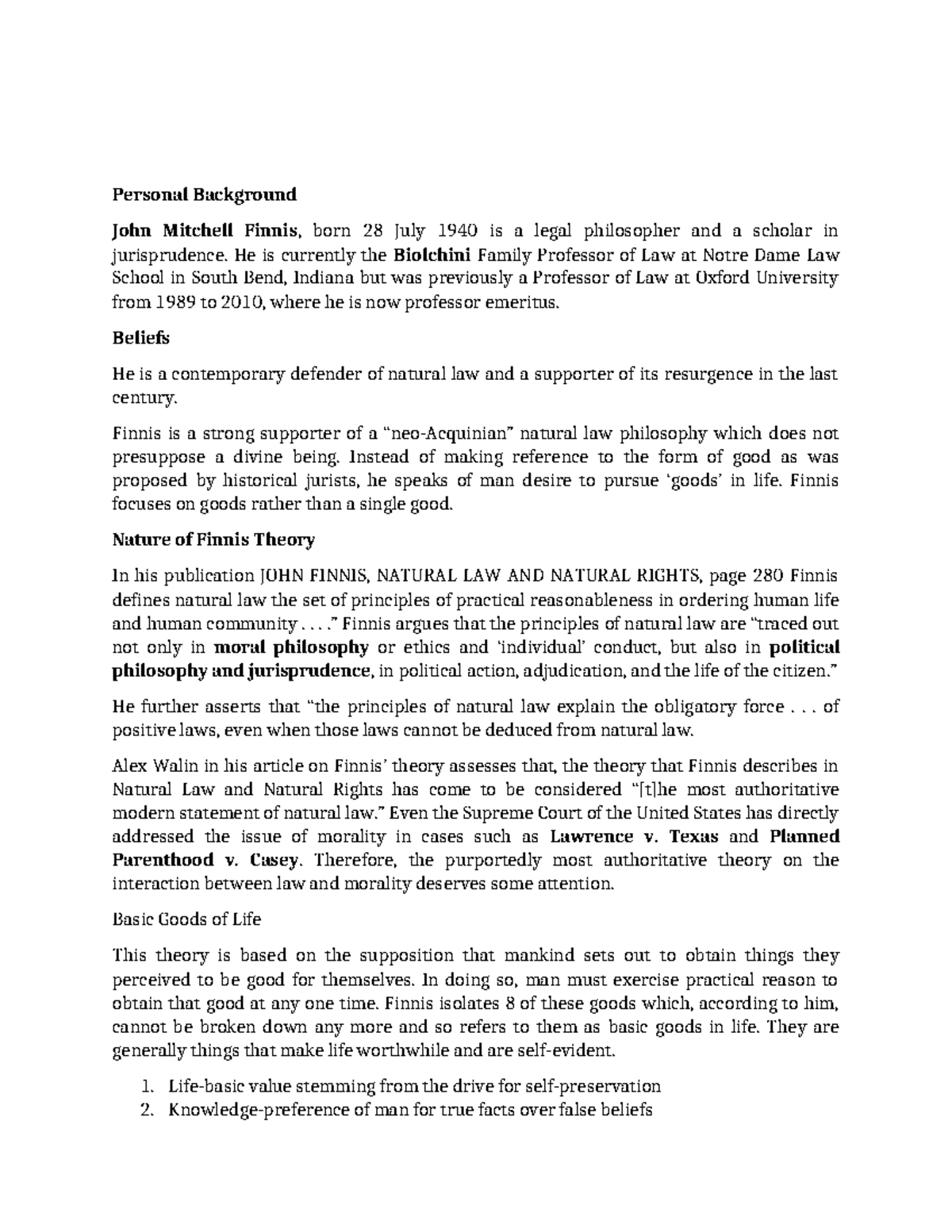 Finnis - Natural Law Philosophy and Basic Goods Analysis - Studocu