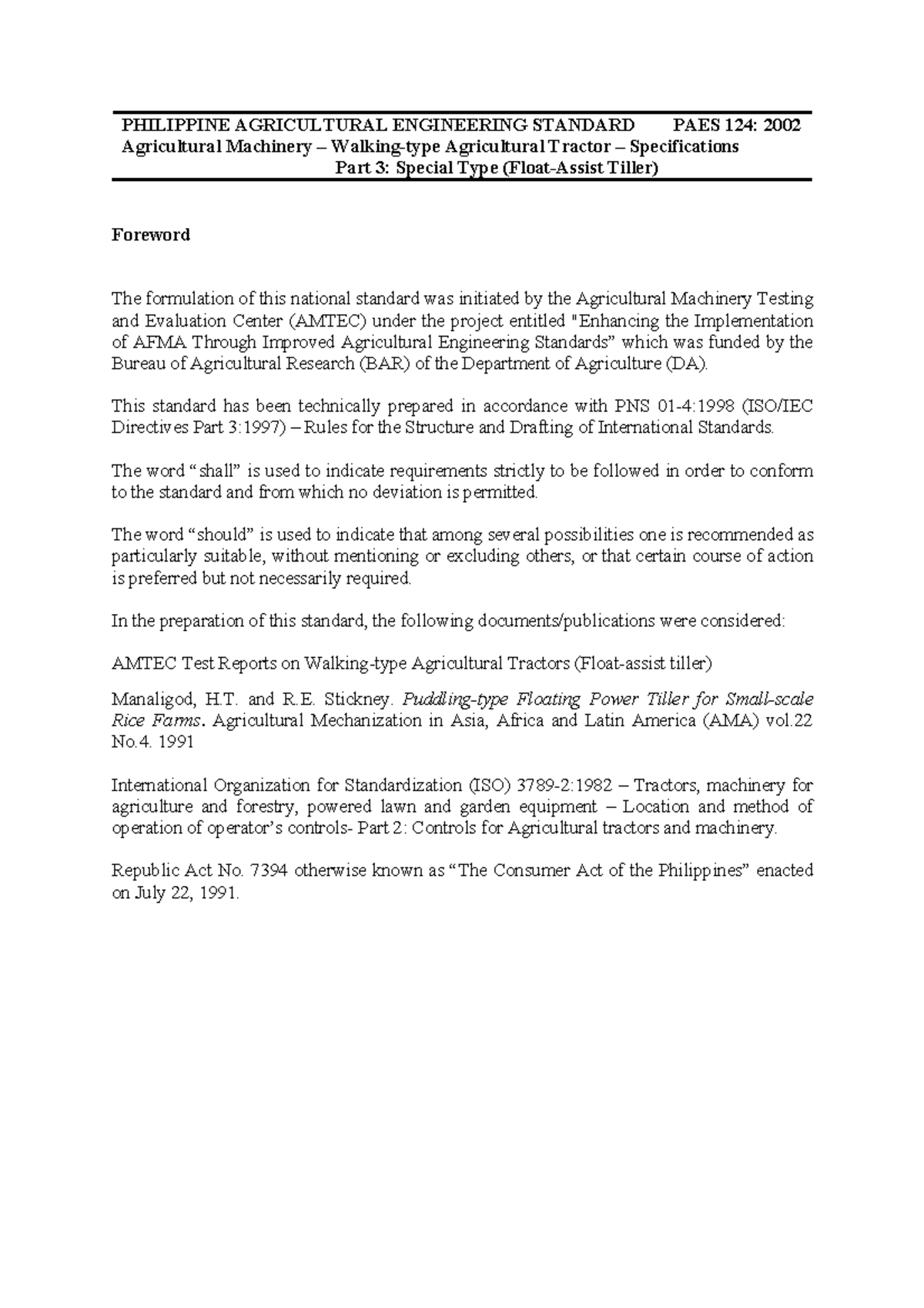 PAES 124:2002 - Specifications for Float-Assist Tiller Tractors - Studocu