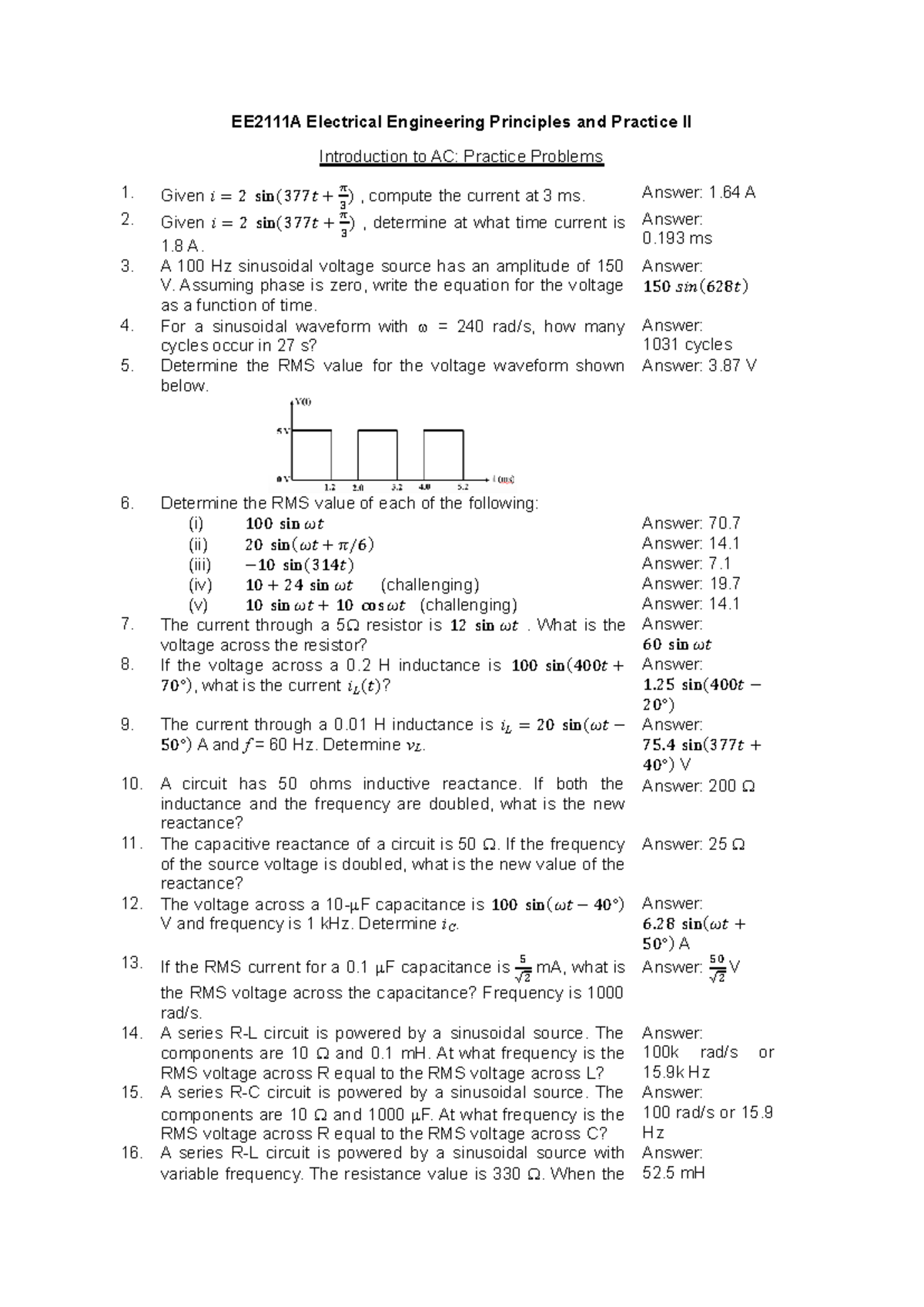Electrical Engineering II: AC Practice Problems & Solutions - Studocu