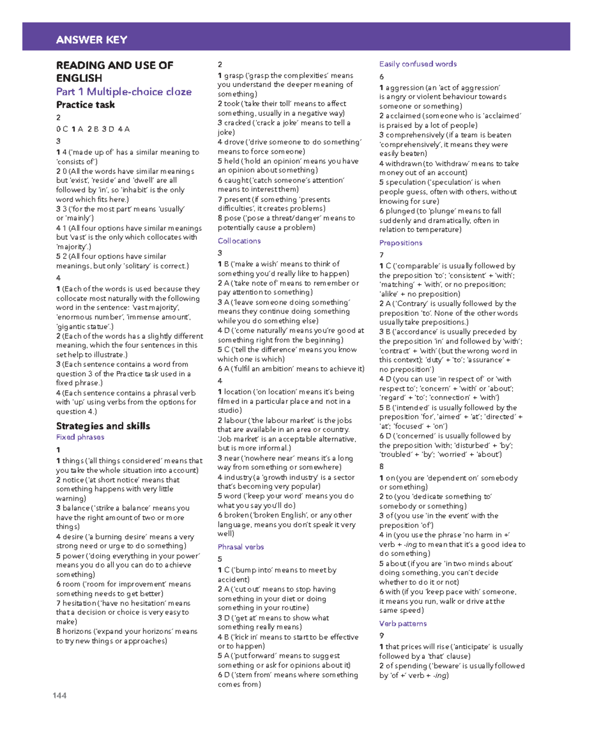 ANSWER KEY: READING AND USE OF ENGLISH Part 1 Cloze Practice - Form C1 ...