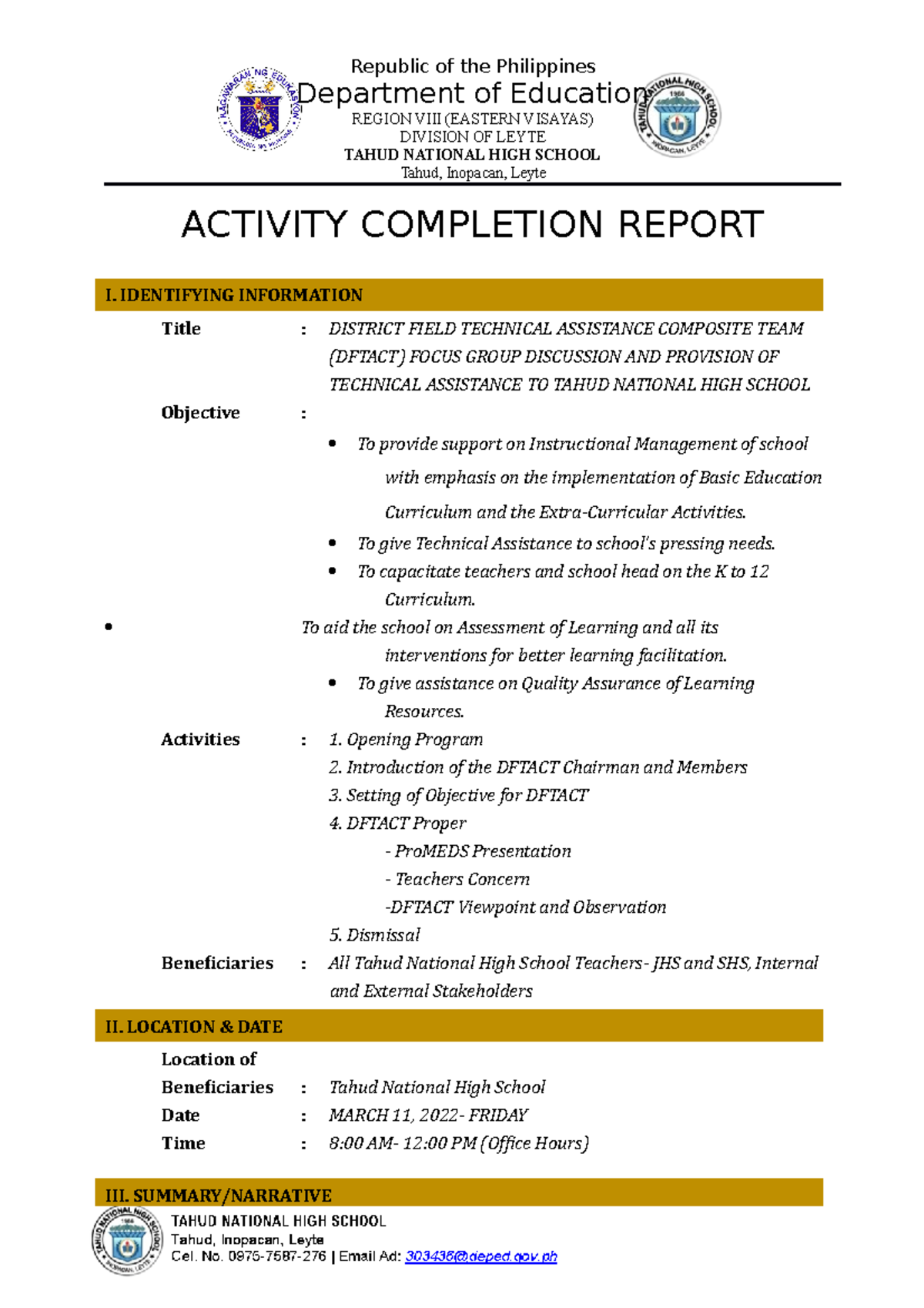ACR - DFTACT Technical Assistance Report for Tahud NHS 2022 - Studocu