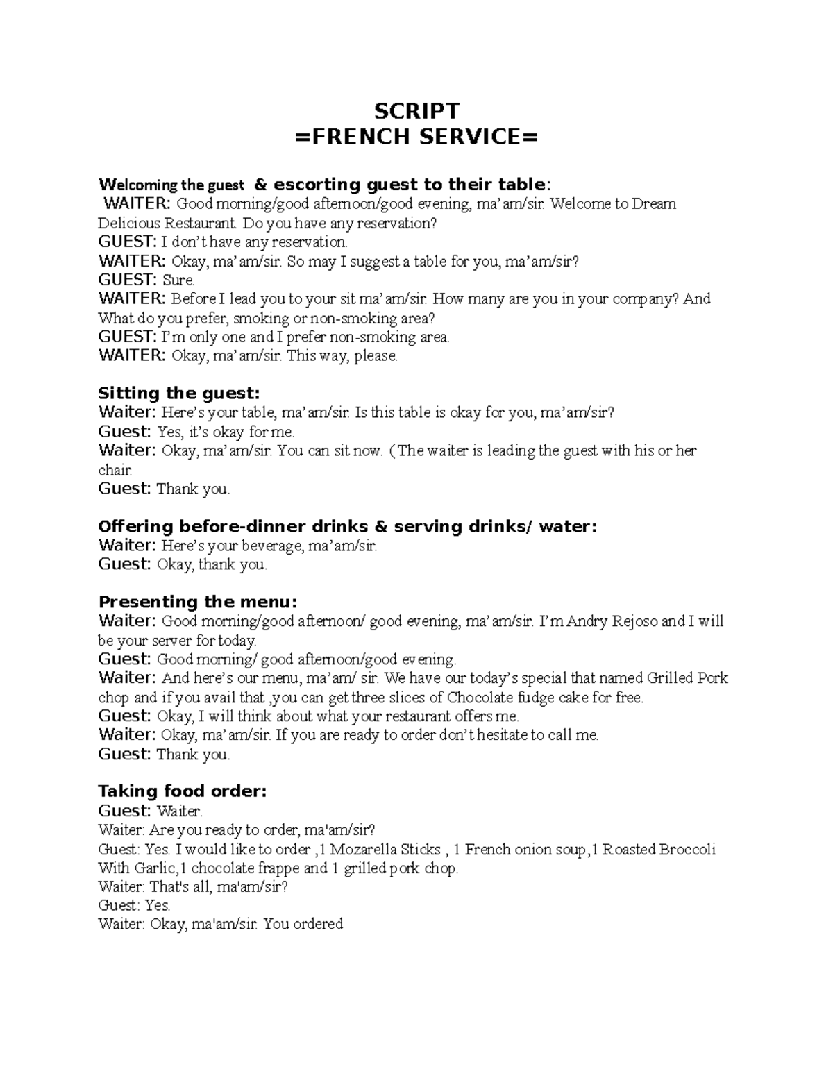 Script - This is a guide to FOR YOUR LESSON - SCRIPT =FRENCH SERVICE ...