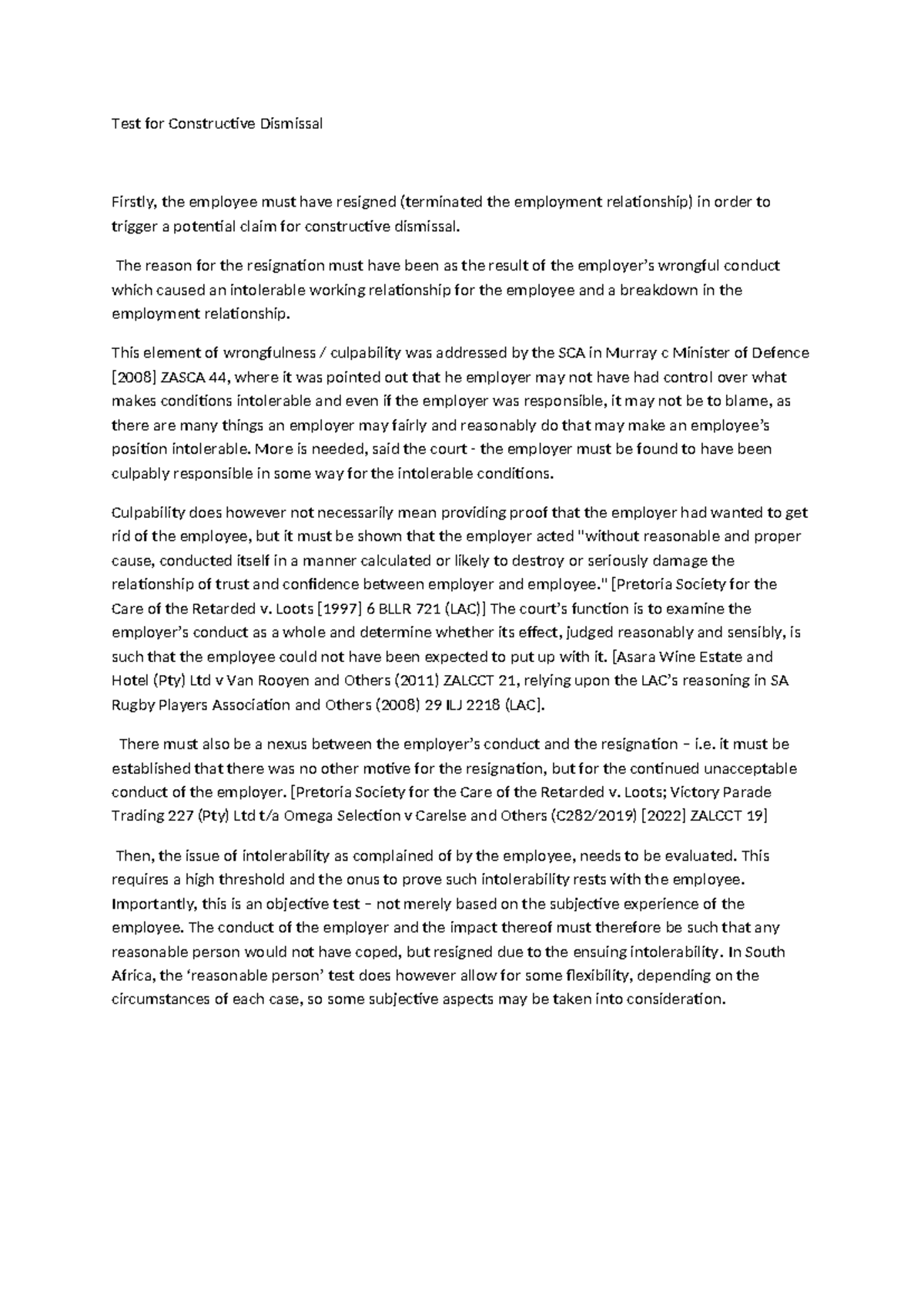 Test for Constructive Dismissal: Key Elements and Legal Considerations ...
