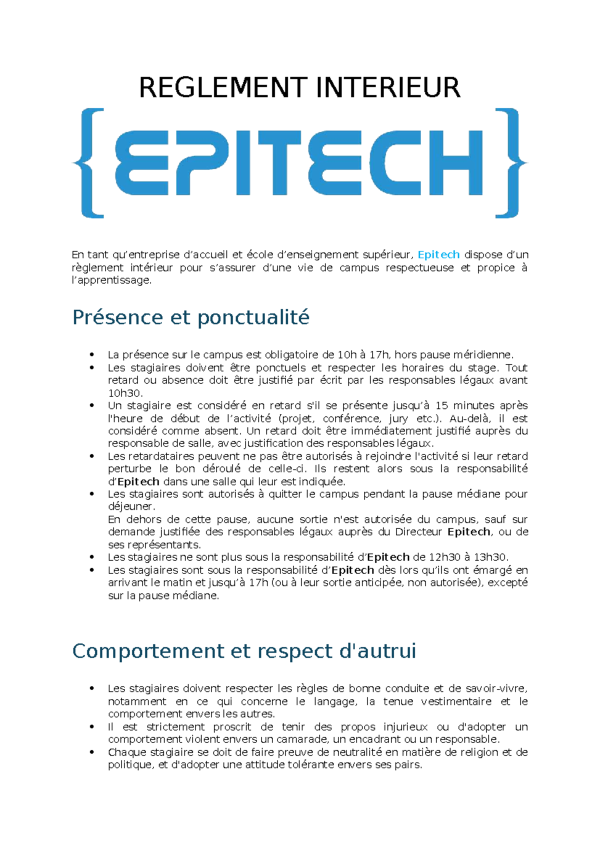 Règlement Intérieur Stage Seconde 2025 - Epitech - Studocu