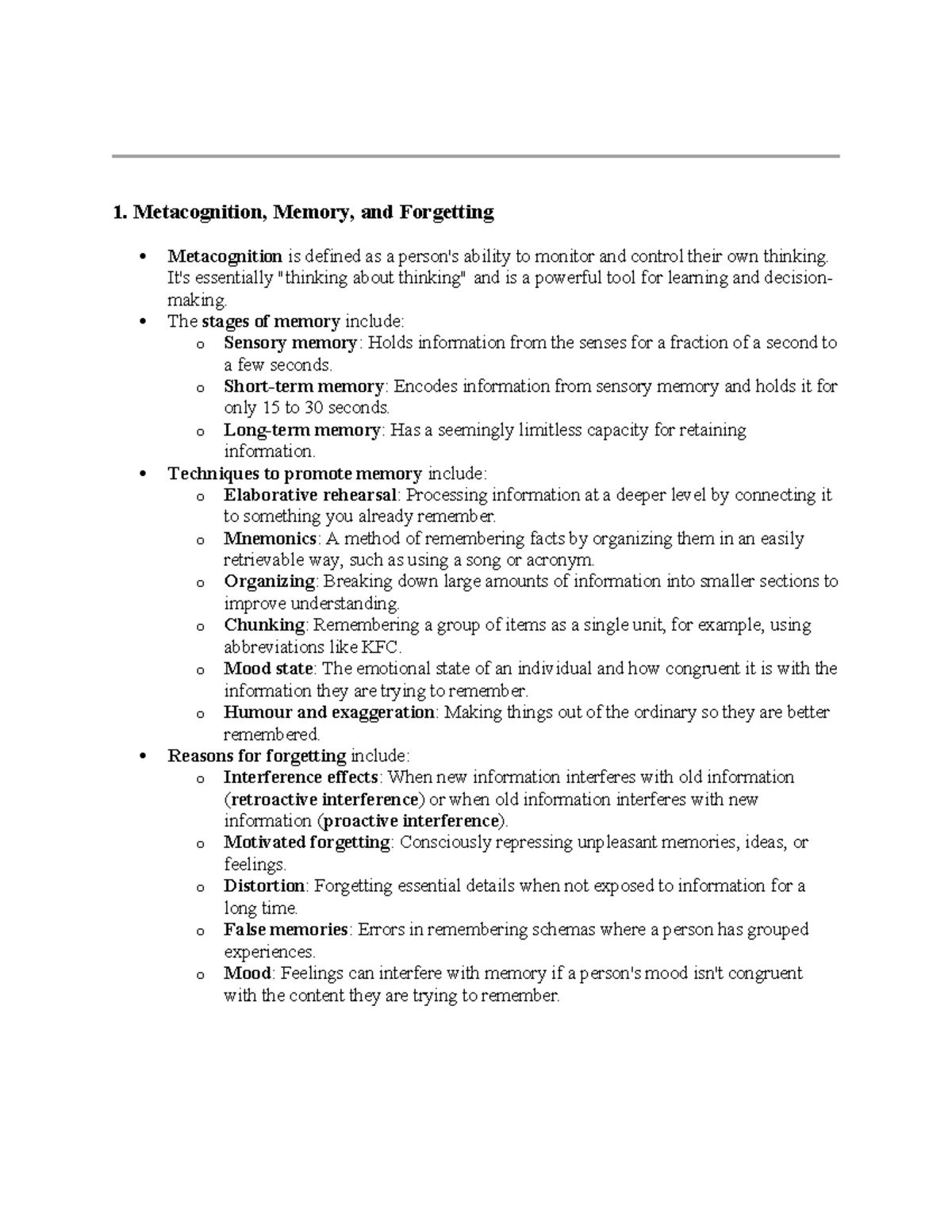 Unit 5 Summary: Metacognition, Memory, Intelligence & Problem Solving ...