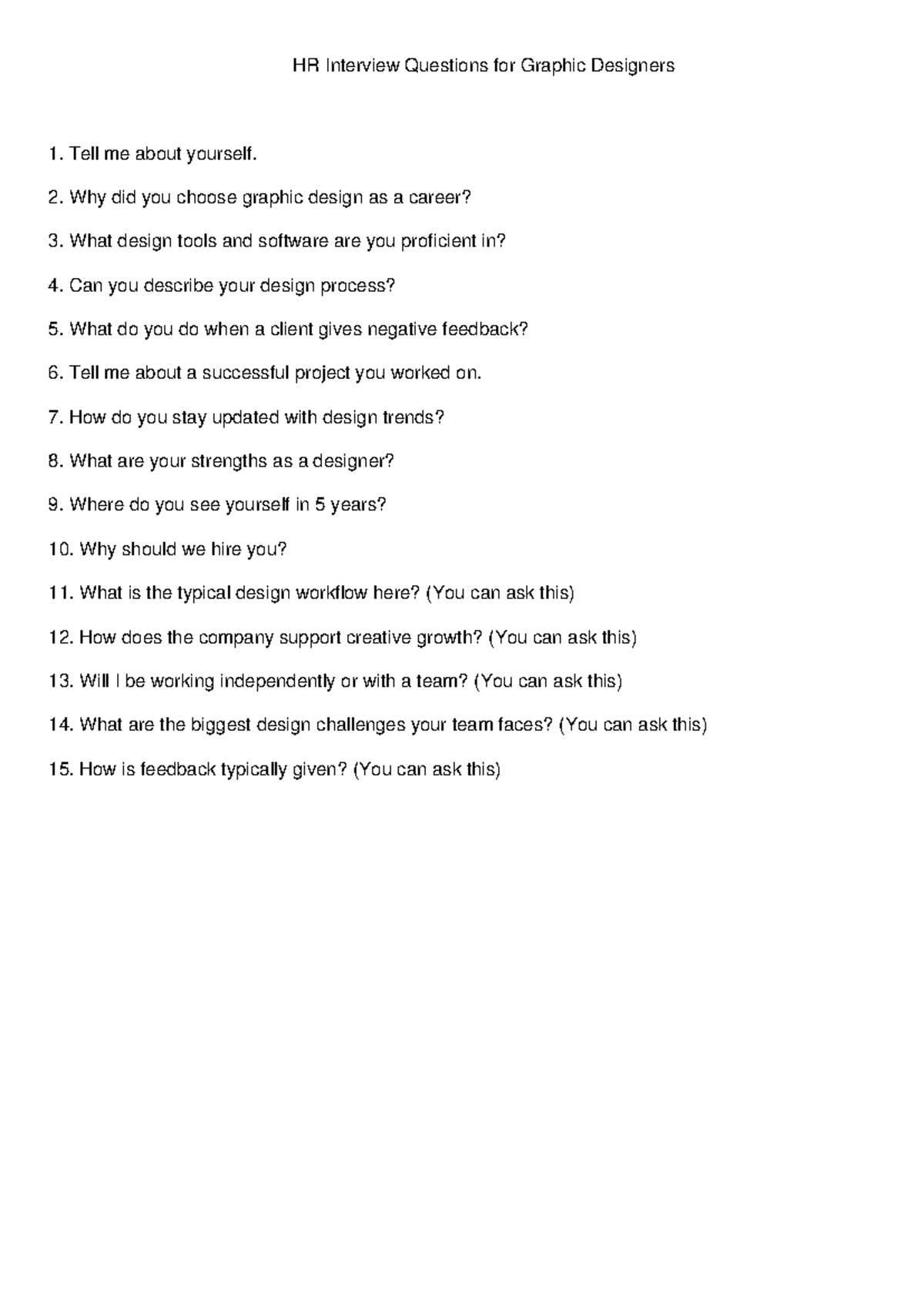 HR Interview Questions for Graphic Design Careers - Studocu