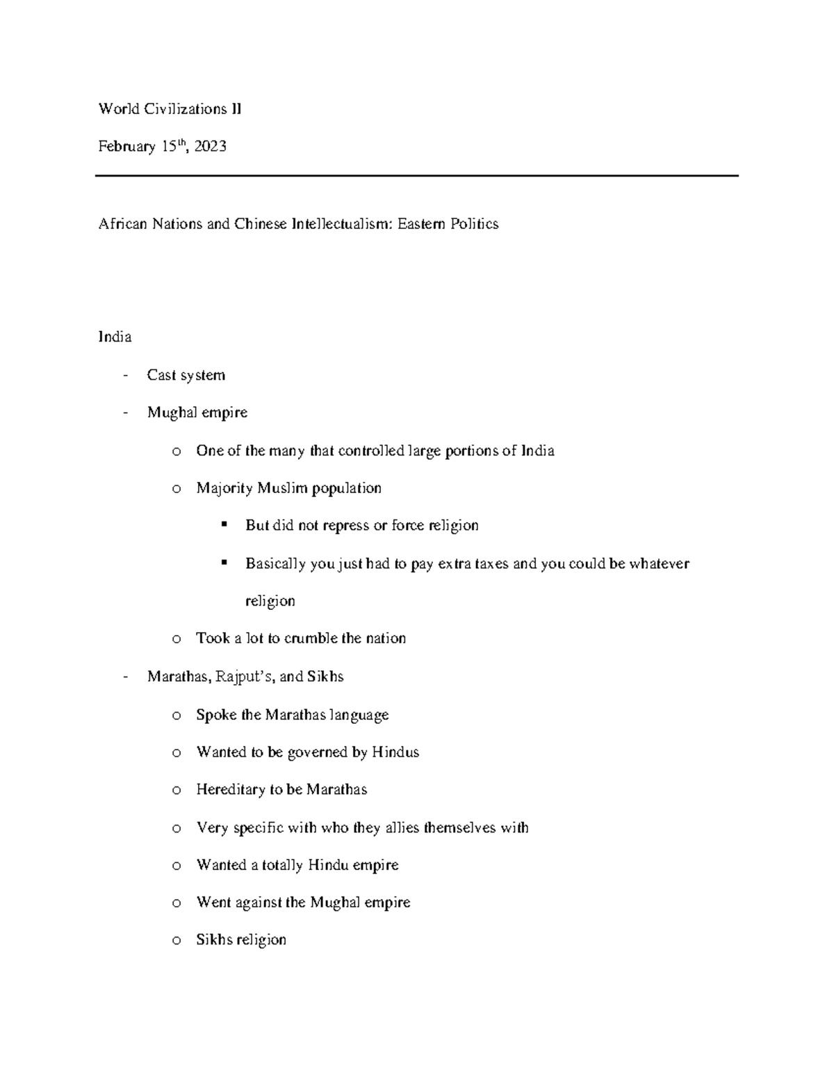 History 2-15 - Lecture Notes on World Civilizations II, Spring 2023 ...